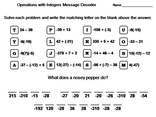 Operations With Integers Activity Math Message Decoder Teaching