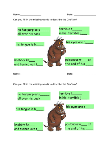 Gruffalo Character Description Flipchart and DIFFERENTIATED worksheets ...
