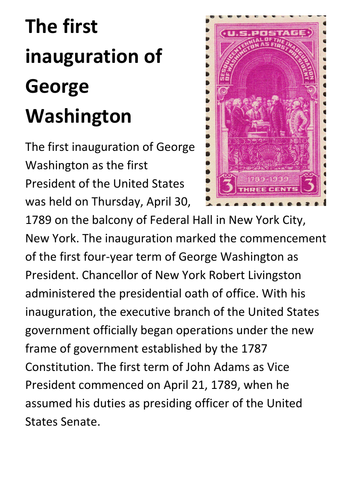 The first inauguration of George Washington Handout | Teaching Resources
