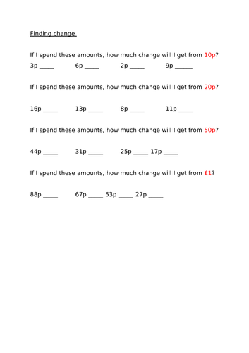 Finding change from 10p, 20p, 50p, £1 | Teaching Resources