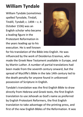 William Tyndale Handout | Teaching Resources