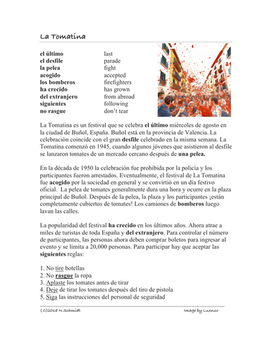 La Tomatina Festival Lectura y Cultura: Spanish Reading SUB Activity ...