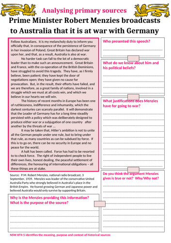 3 Primary source analyses - Australia in World War II | Teaching Resources