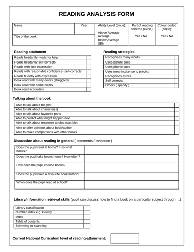 Reading Analysis Assessment Form | Teaching Resources