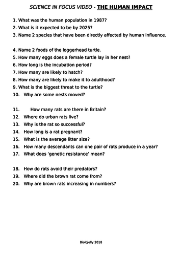 Human Impact on the Environment - Questions to accompany video ...