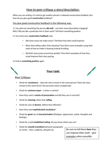 Peer critique a story help sheet | Teaching Resources