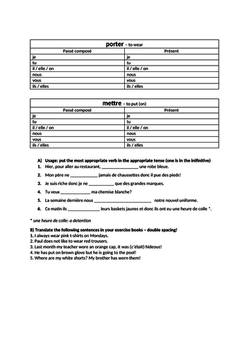 Porter / mettre in Perfect and Present tense | Teaching Resources