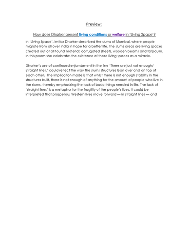 LIVING SPACE Imtiaz Dharker Essay RESPONSE- 9-1 EDUQAS GCSE ENG LIT NEW ...