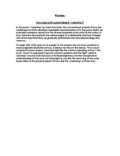 VALENTINE Carol Ann Duffy Essay RESPONSE- 9-1 EDUQAS GCSE ENG LIT NEW ...