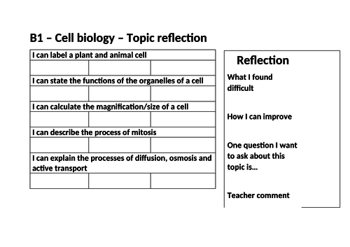 AQA GCSE 9-1 BIOLOGY - B1 END OF TOPIC TRACKER | Teaching Resources