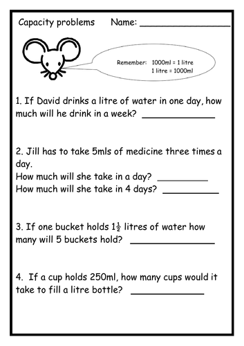 Capacity Word Problems - 3 Differentiated Worksheets | Teaching Resources