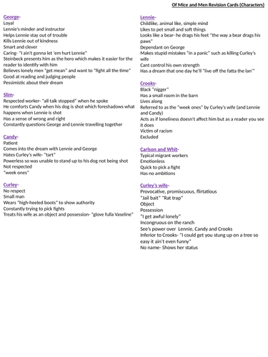 Of Mice and Men revision cards | Teaching Resources
