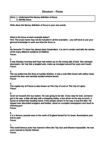 Focus Worksheets Story Opening Extract Structure Analysis GCSE English ...