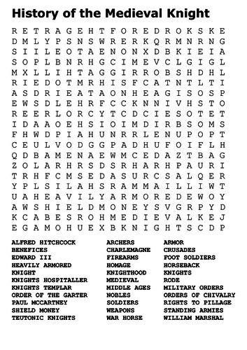 History of the Medieval Knight Word Search | Teaching Resources
