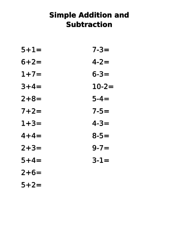 Simple Addition and Subtraction Sums | Teaching Resources Simple Addition and Subtraction Sums | Teaching Resources