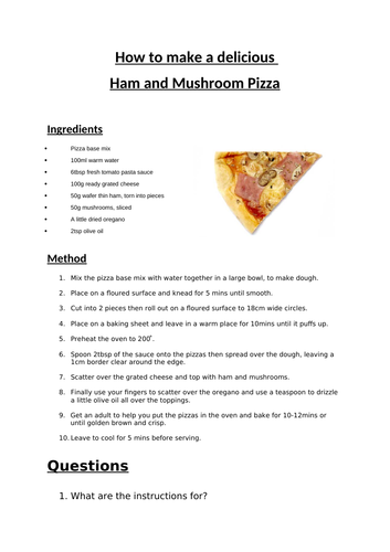 English Comprehension on Pizza | Teaching Resources