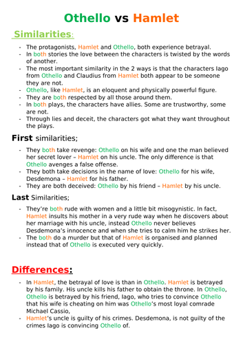 English Literature - Othello & Hamlet Comparisons | Teaching Resources