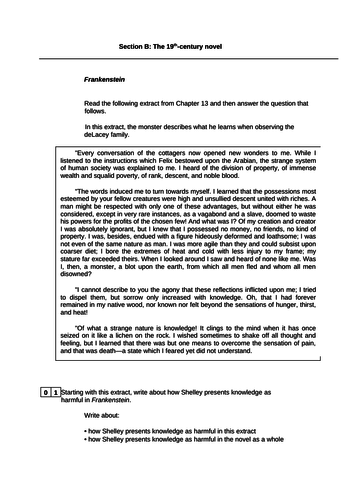 FRANKENSTEIN AQA Exam-style extract question - Knowledge | Teaching ...