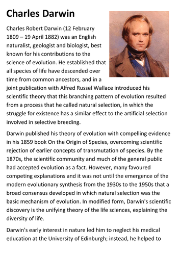 Charles Darwin Handout | Teaching Resources