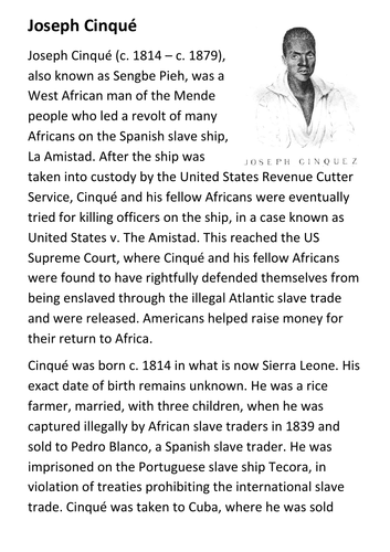 Joseph Cinqué - La Amistad Handout | Teaching Resources