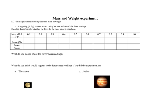 Mass and weight experiment | Teaching Resources