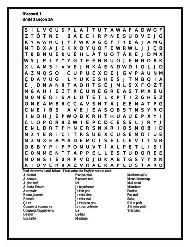 D'accord 1 Unité 1 Leçon A Wordsearch | Teaching Resources