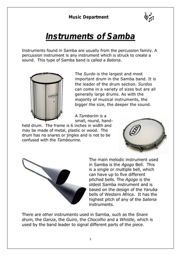 KS3 Samba Instruments Worksheet (differentiated for lower sets ...
