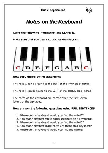 Ks3 Music - Notes on the Keyboard Worksheet by Gameloid - Teaching ...