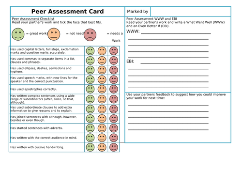 Peer Assessment Card | Teaching Resources Peer Assessment Card | Teaching Resources