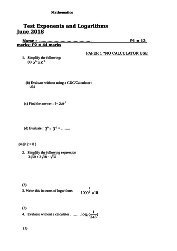 Exponents and Logarithms Test | Teaching Resources Exponents and Logarithms Test | Teaching Resources