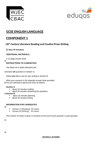 Eduqas GCSE English Language Component 1 - Practice Examination Papers ...