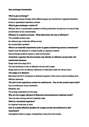 Gas exchange introductory principles matching exercise | Teaching Resources