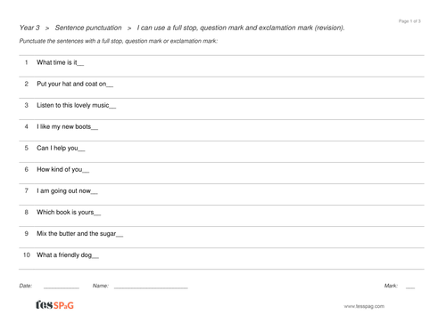 Sentence Punctuation Question Sheets - Year 3 Spag | Teaching Resources
