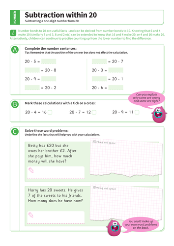 Subtraction within 20 - Subtracting a One-Digit Number from 20 ...