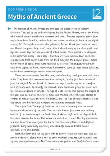 Myths of Ancient Greece - Text and Questions Exercise - Year 6 Reading ...