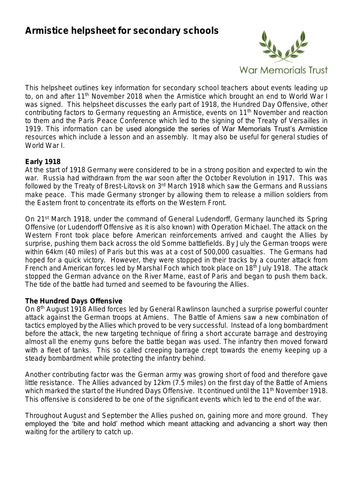 Armistice helpsheet - secondary | Teaching Resources