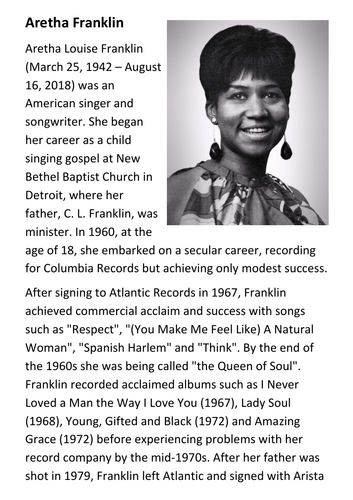 Aretha Franklin Handout | Teaching Resources