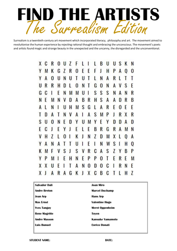 Surrealism Word Search- editable by theartllama | Teaching Resources