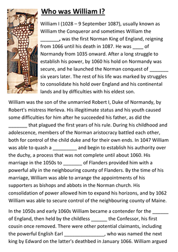 Who was William the Conqueror cloze activity | Teaching Resources