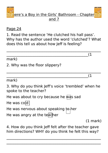 There's a Boy in the Girls' Bathroom reading comprehension chapters 6 ...