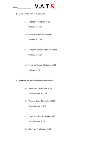 Worksheet for VAT and trade discount | Teaching Resources
