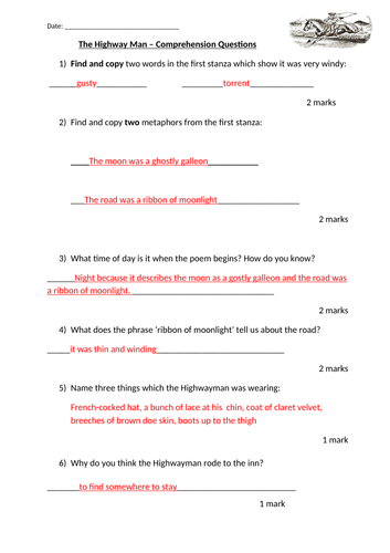 The Highwayman Worksheets