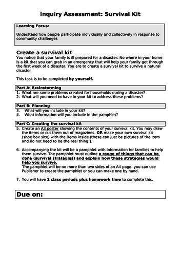 Inquiry Task - Create a survival kit | Teaching Resources