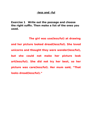 -ful and -less suffixes- passages to write out choosing correct suffix ...