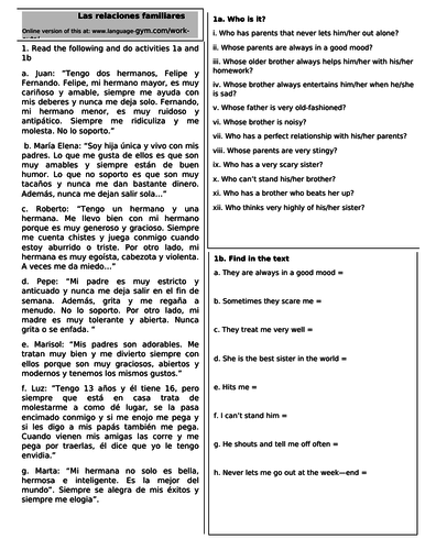 KS3-4 Spanish - Family relationships (reading comp) | Teaching Resources