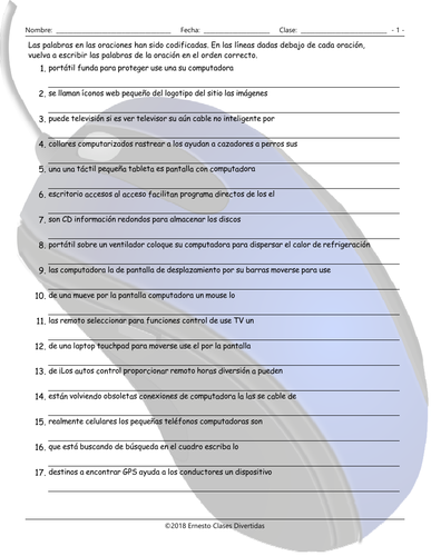 Computer Technology Spanish Scrambled Sentences Worksheet | Teaching ...