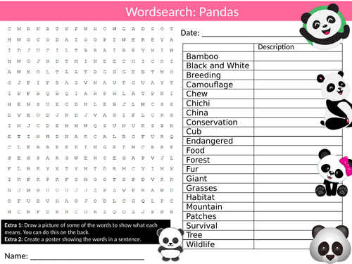 Panda Wordsearch Sheet Starter Activity Keywords Cover Pandas Animals ...