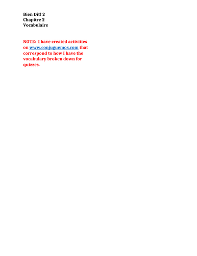 Bien Dit 2 Chapitre 2 Vocabulaire list and quizzes | Teaching Resources