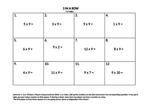 9 times table 3 in a row game | Teaching Resources
