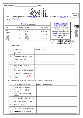 FRENCH - Introduction to Avoir & Être - Worksheets | Teaching Resources
